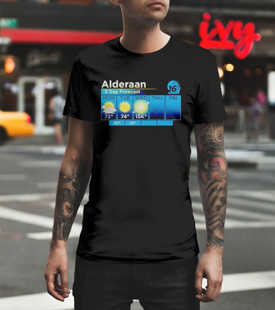 Alderaan 5 Day Forecast Weather Channel Sci Fi Parody 15K Degrees Mon Thu Fri T-Shirt