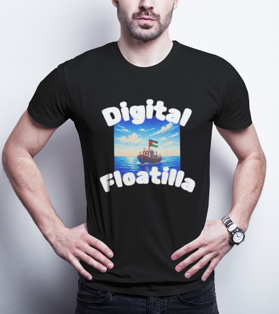 Digital Floatilla Boat With Flag On Ocean Waves T-Shirt