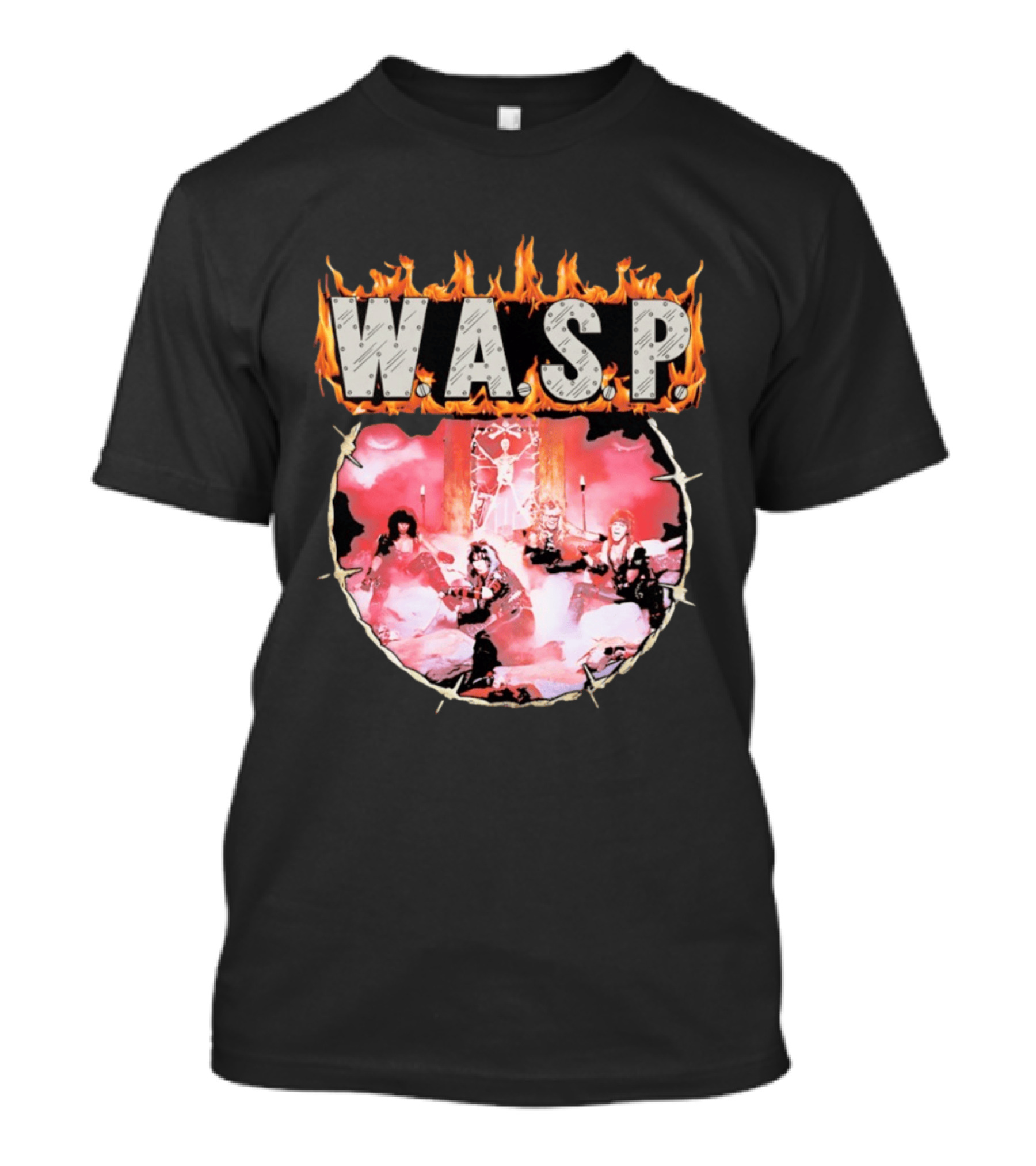 W.A.S.P. Band Fire With Group Photo And Flaming T-Shirt