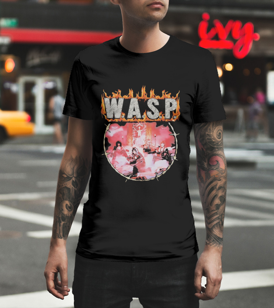 W.A.S.P. Band Fire With Group Photo And Flaming T-Shirt