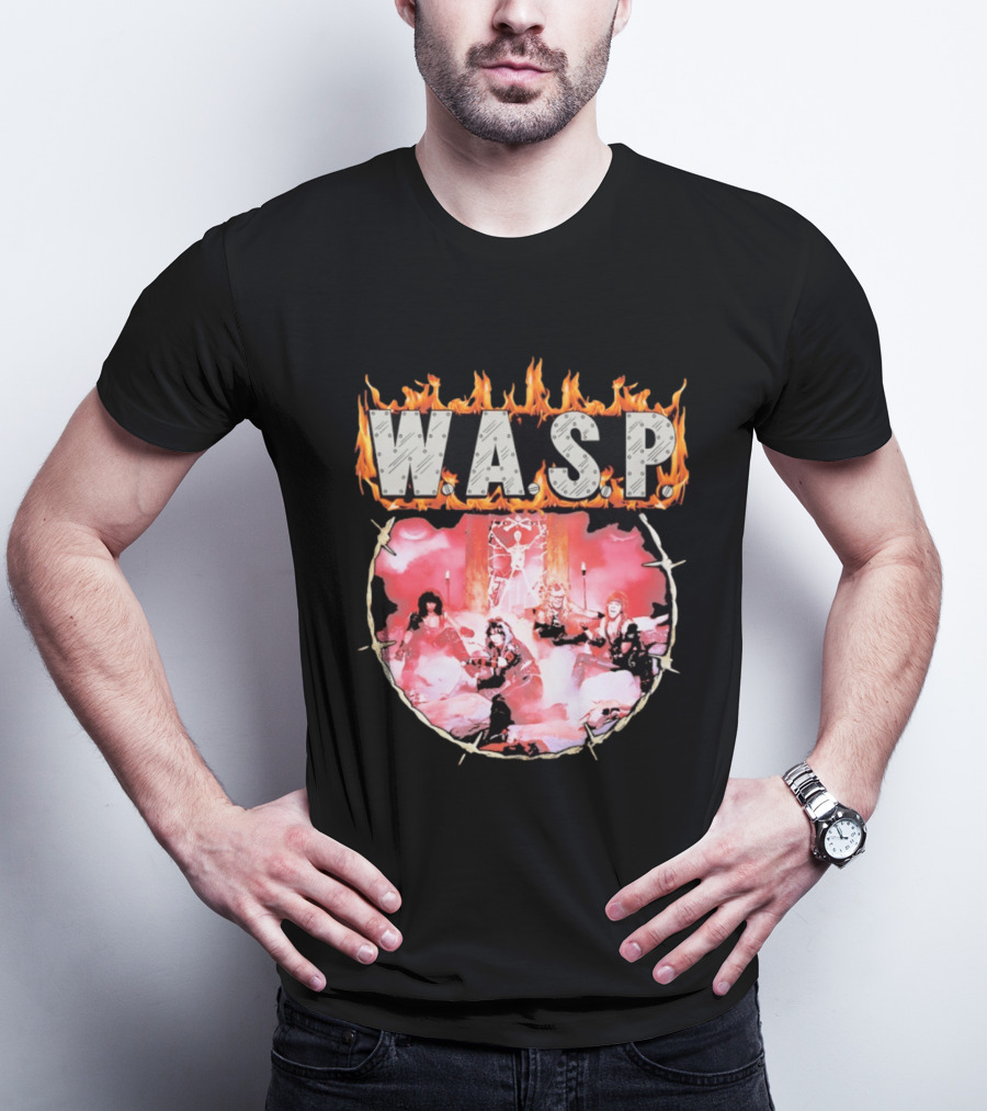 W.A.S.P. Band Fire With Group Photo And Flaming T-Shirt