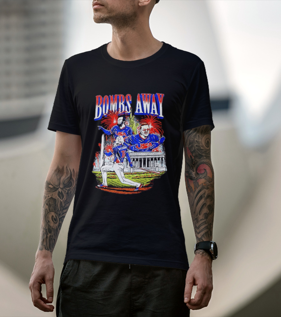Bombs Away USA Firework Celebration And Baseball Scene T-Shirt