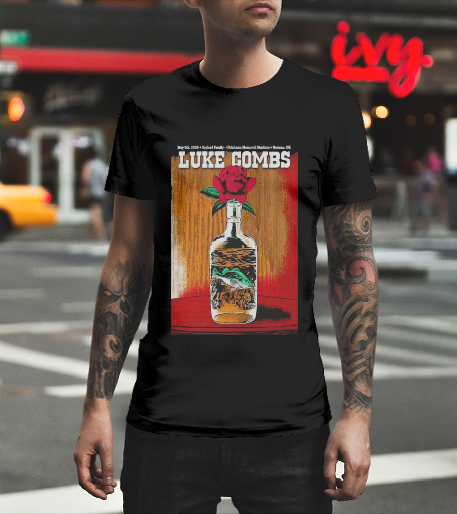 May 09 2026 Luke Combs Tour Norman OK Red Rose Fish In Bottle T-Shirt