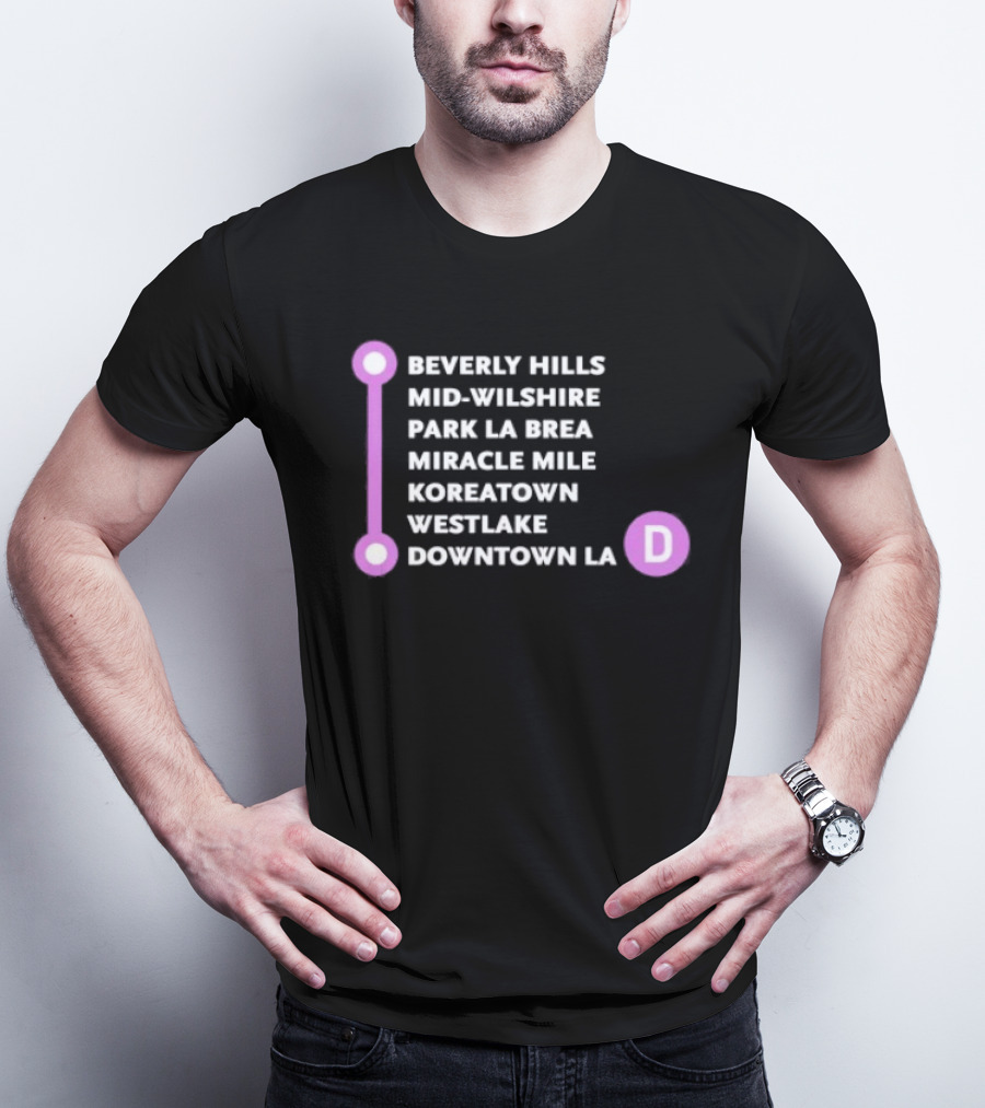 Beverly Hills Mid Wilshire Park La Brea Miracle Mile Koreatown Westlake Downtown LA D Map Purple Circle Route T-Shirt