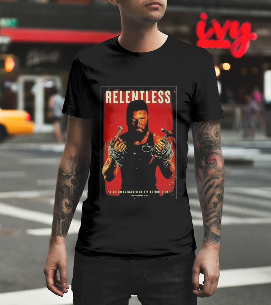 Relentless A No Holds Barred Gritty Action Film Guns Intense Stare Red T-Shirt