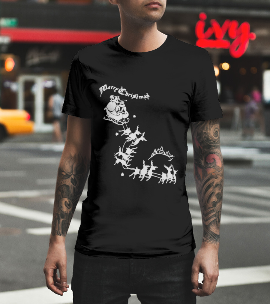 Merry Christmas Santa Sleigh Reindeer In Night Sky With Mountains Isla Gordon T-Shirt