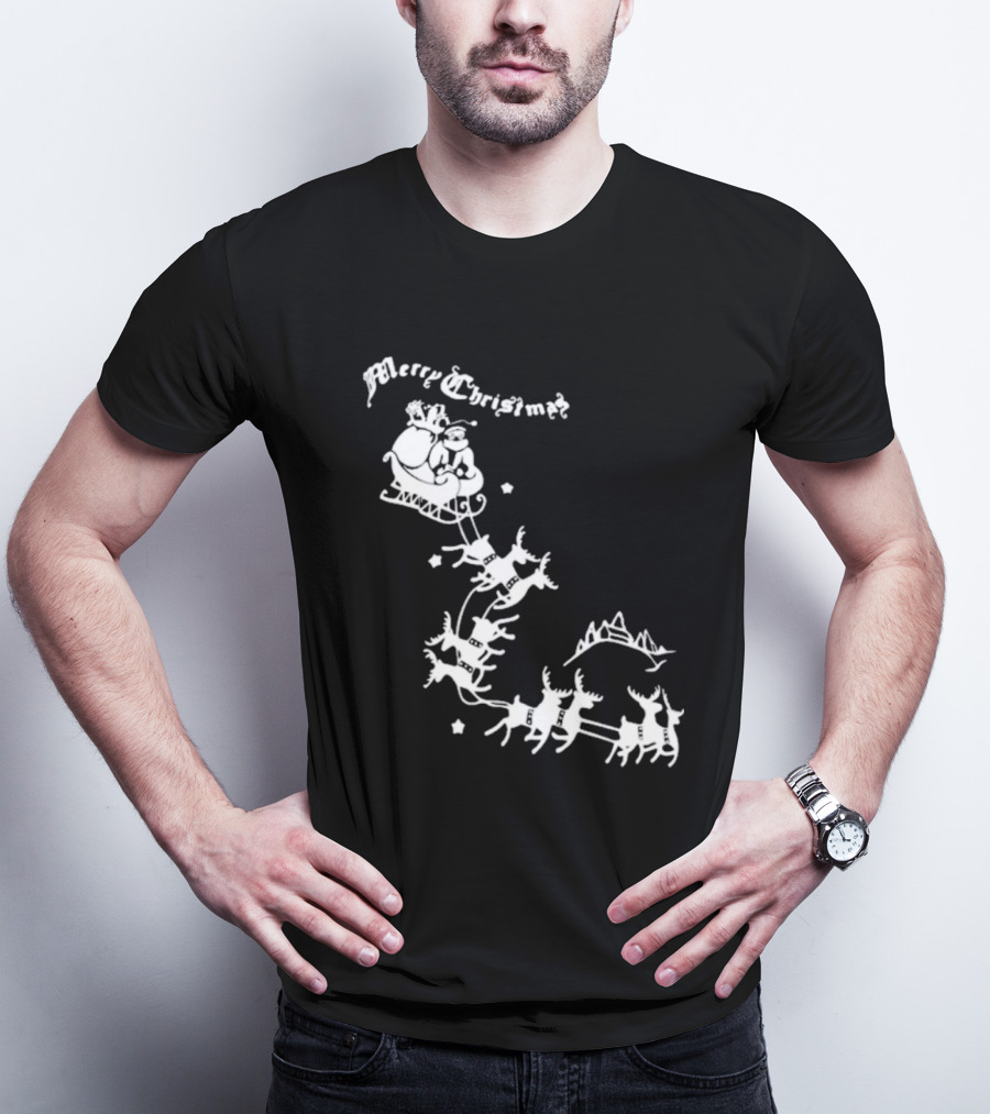 Merry Christmas Santa Sleigh Reindeer In Night Sky With Mountains Isla Gordon T-Shirt