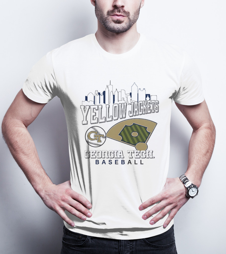 Georgia Tech Yellow Jackets Baseball City Skyline With GT Emblem And Field T-Shirt
