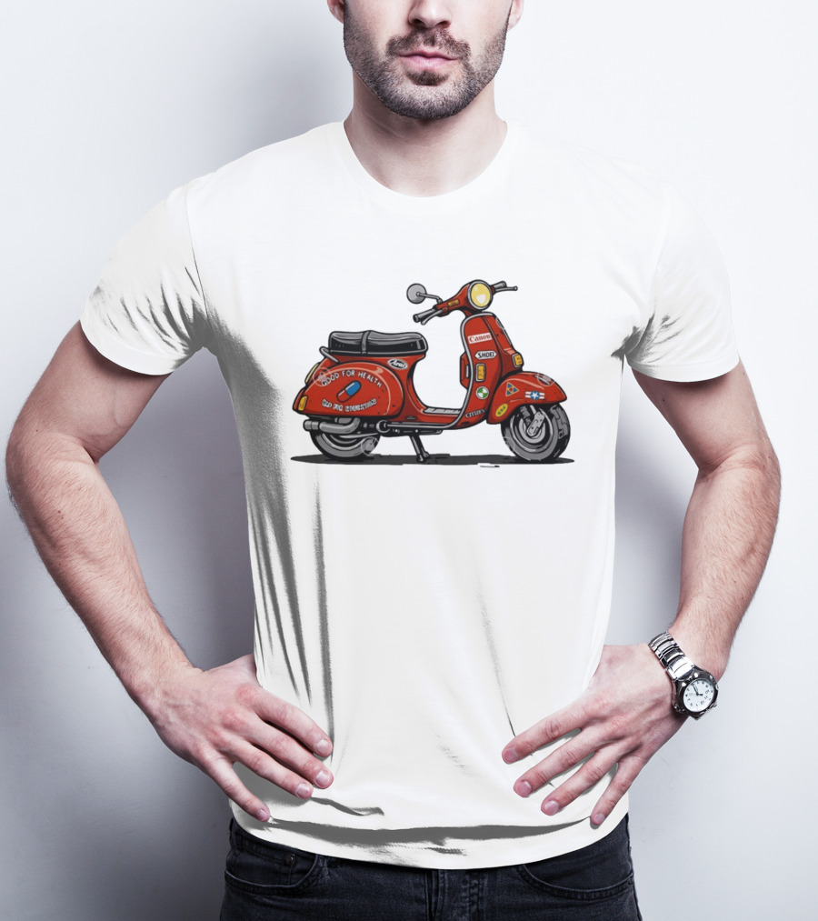 Kaneda's Vespa With Good For Health Sticker Citizen And Canon Shoei Arai Logos T-Shirt