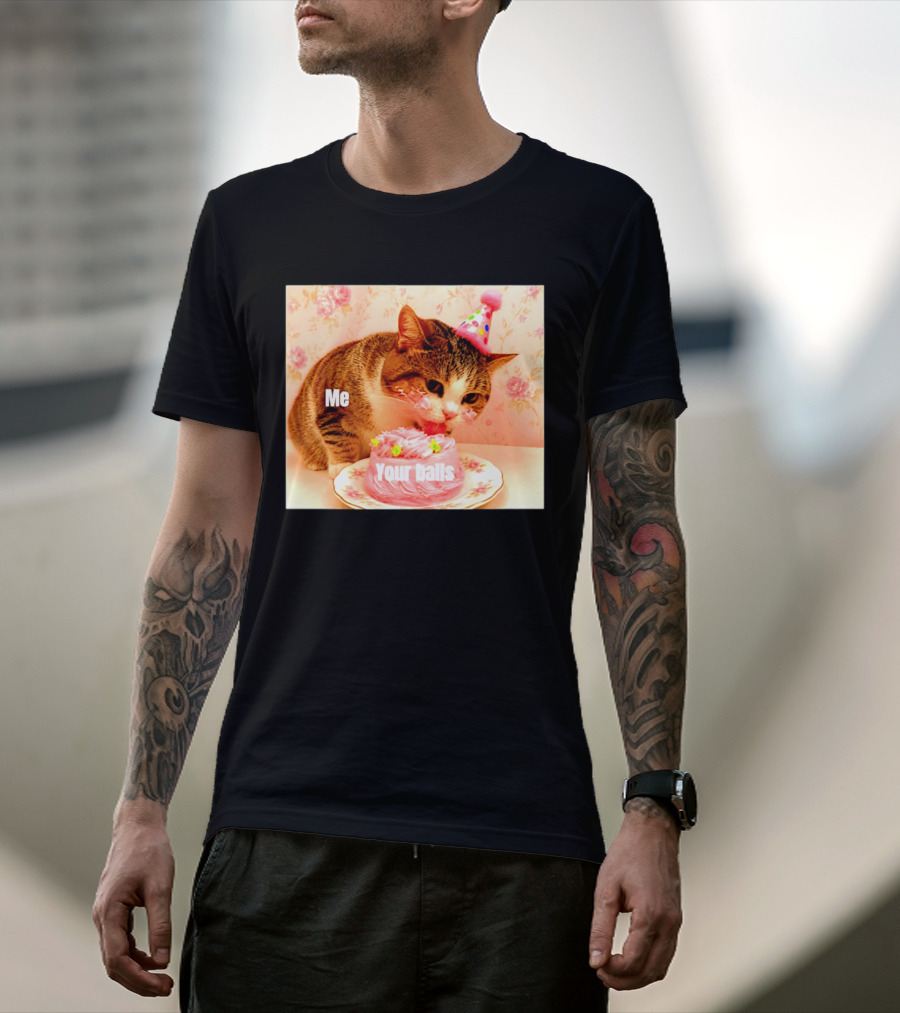 Me Your Balls Cat Eating Cake Party Hat T-Shirt
