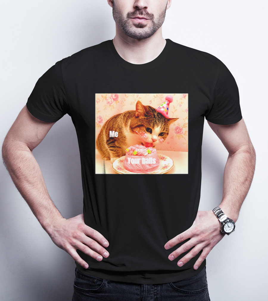 Me Your Balls Cat Eating Cake Party Hat T-Shirt