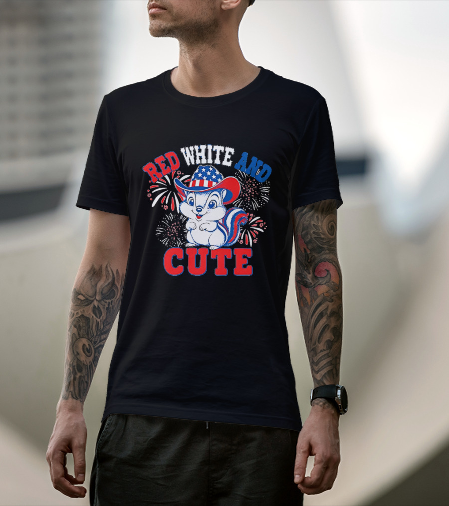 Red White And Cute Fireworks Patriotic Squirrel Cowboy Hat T-Shirt