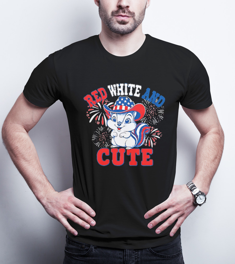 Red White And Cute Fireworks Patriotic Squirrel Cowboy Hat T-Shirt