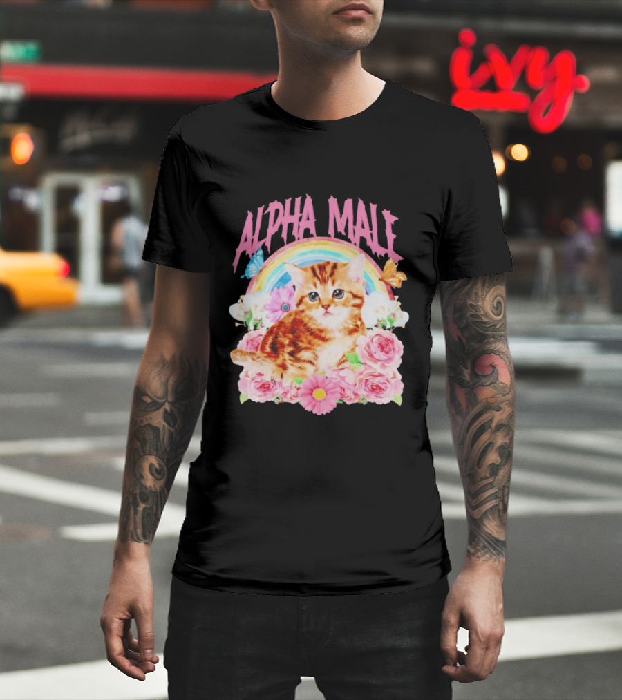 Alpha Male Kitten Rainbow Butterfly Floral Roses T-Shirt