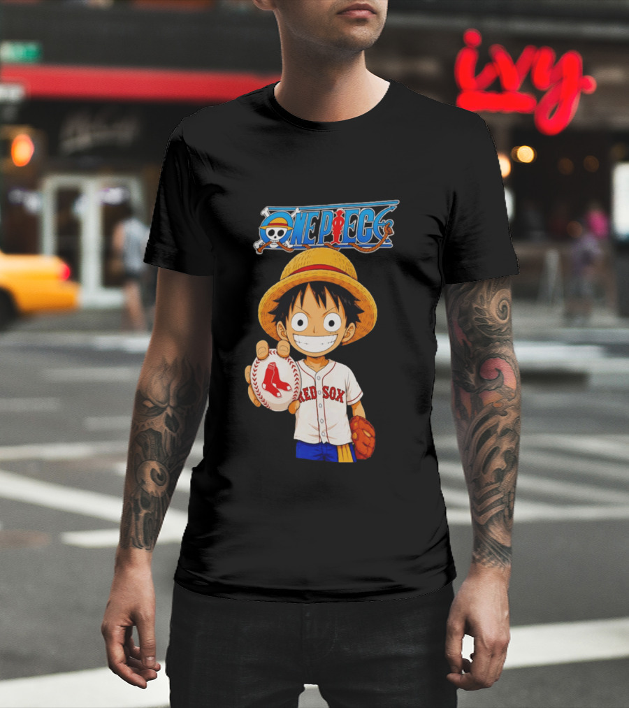 Monkey D. Luffy Red Sox One Piece Crossover Boston Baseball Collaboration T-Shirt
