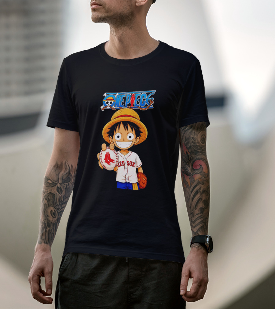 Monkey D. Luffy Red Sox One Piece Crossover Boston Baseball Collaboration T-Shirt