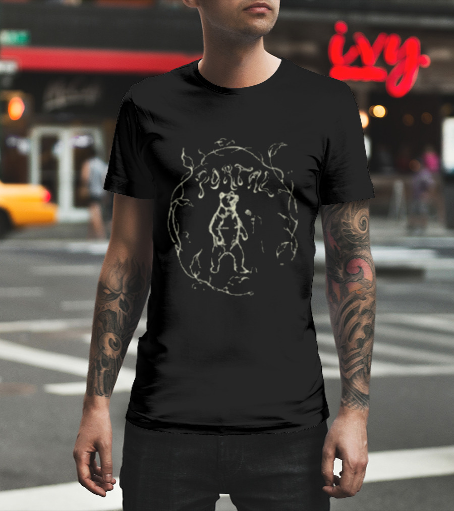 Mae Martin Bear Portal Tour Earthy Circle Bear Walking With Leaves T-Shirt