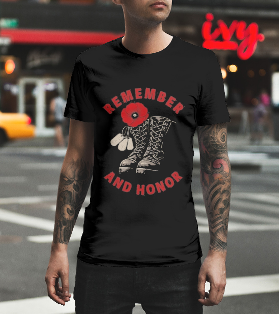 Memorial Day Remember And Honor Poppy Flower Military Boots T-Shirt
