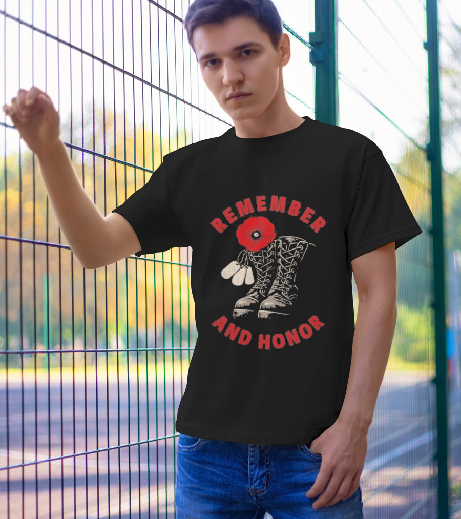 Memorial Day Remember And Honor Poppy Flower Military Boots T-Shirt