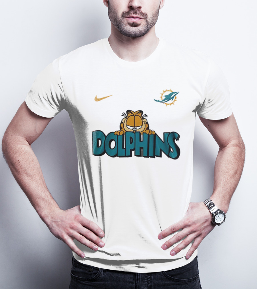 Nike Miami Dolphins Garfield Orange Cat çizim T-Shirt