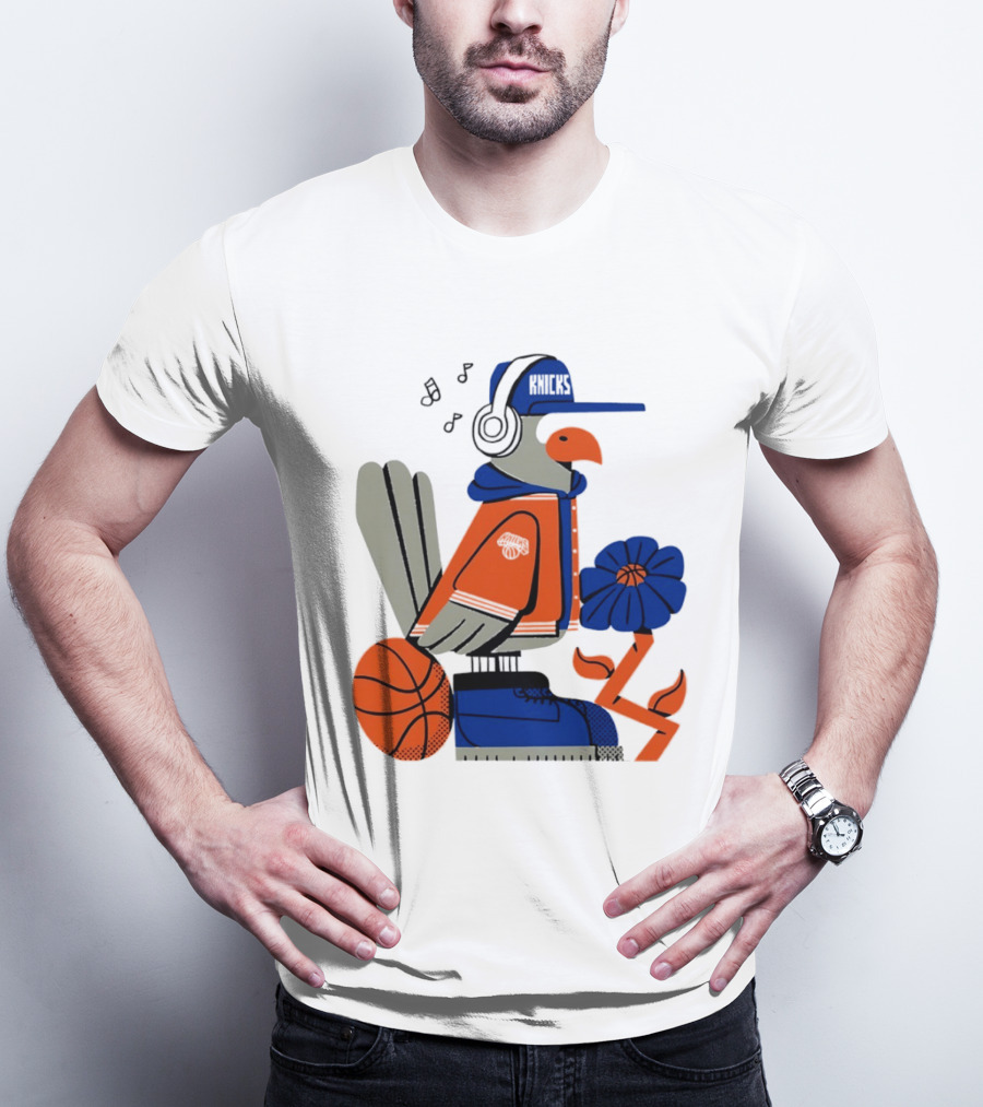 New York Knicks Bird Cap Headphones Basketball Flower T-Shirt