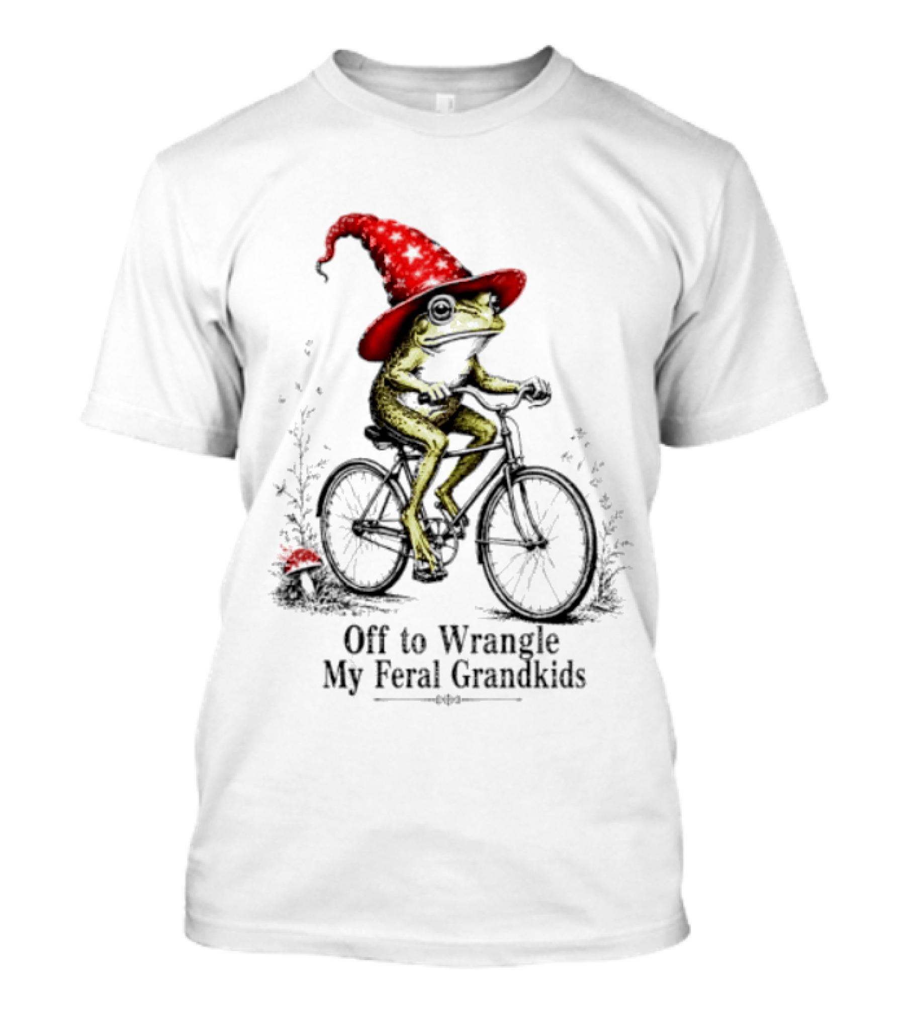 Off To Wrangle My Feral Grandkids Wizard Frog On Bicycle With Red Hat T-Shirt