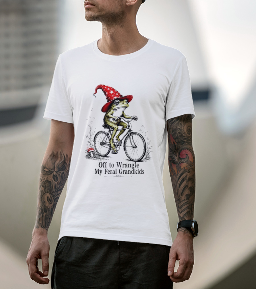 Off To Wrangle My Feral Grandkids Wizard Frog On Bicycle With Red Hat T-Shirt