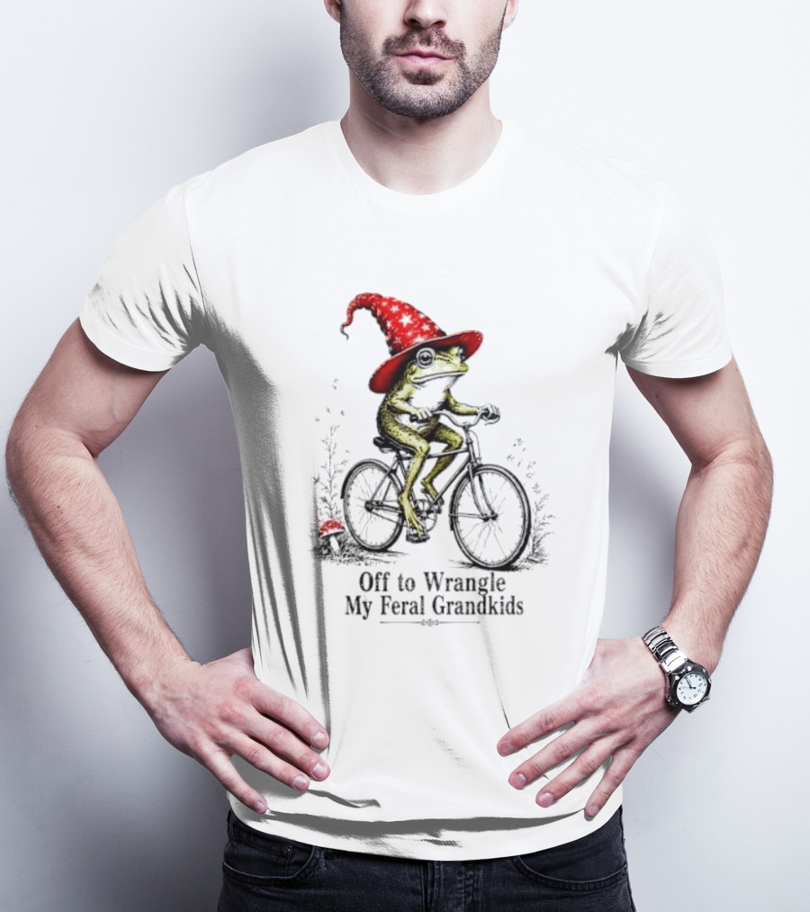 Off To Wrangle My Feral Grandkids Wizard Frog On Bicycle With Red Hat T-Shirt