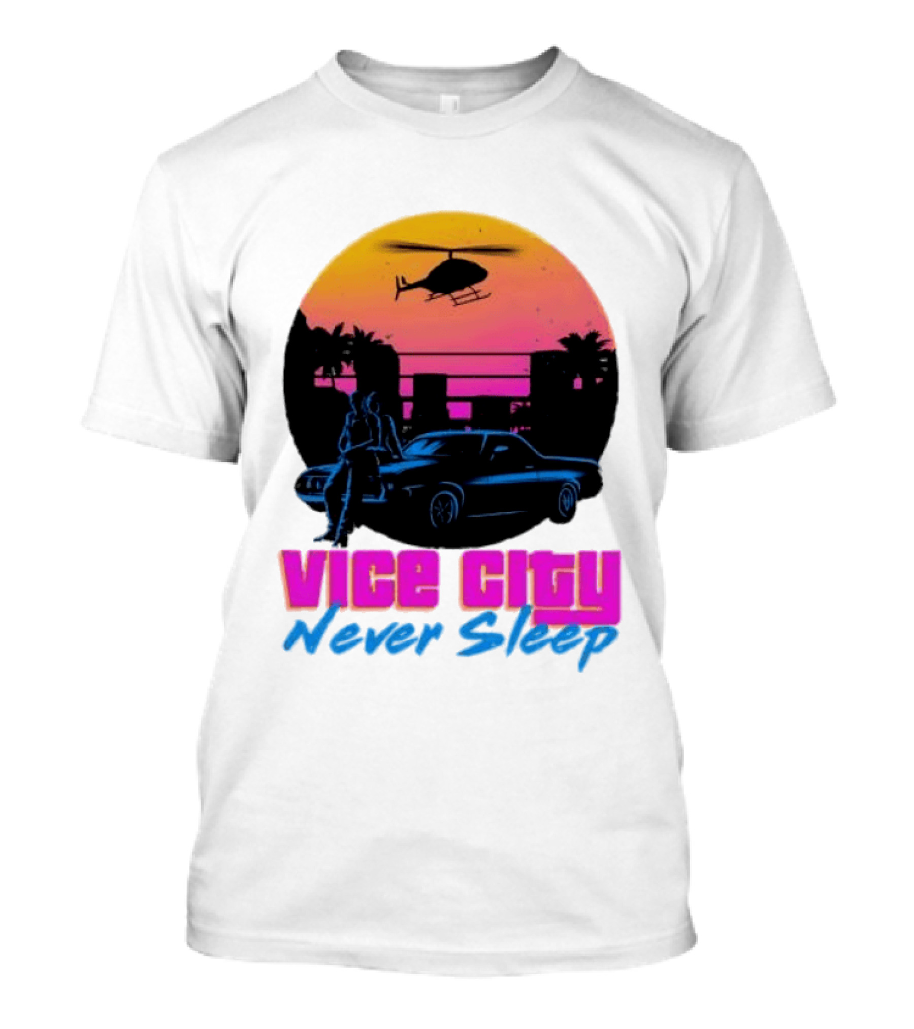 Vice City Never Sleep 80s Sunset Car Helicopter T-Shirt