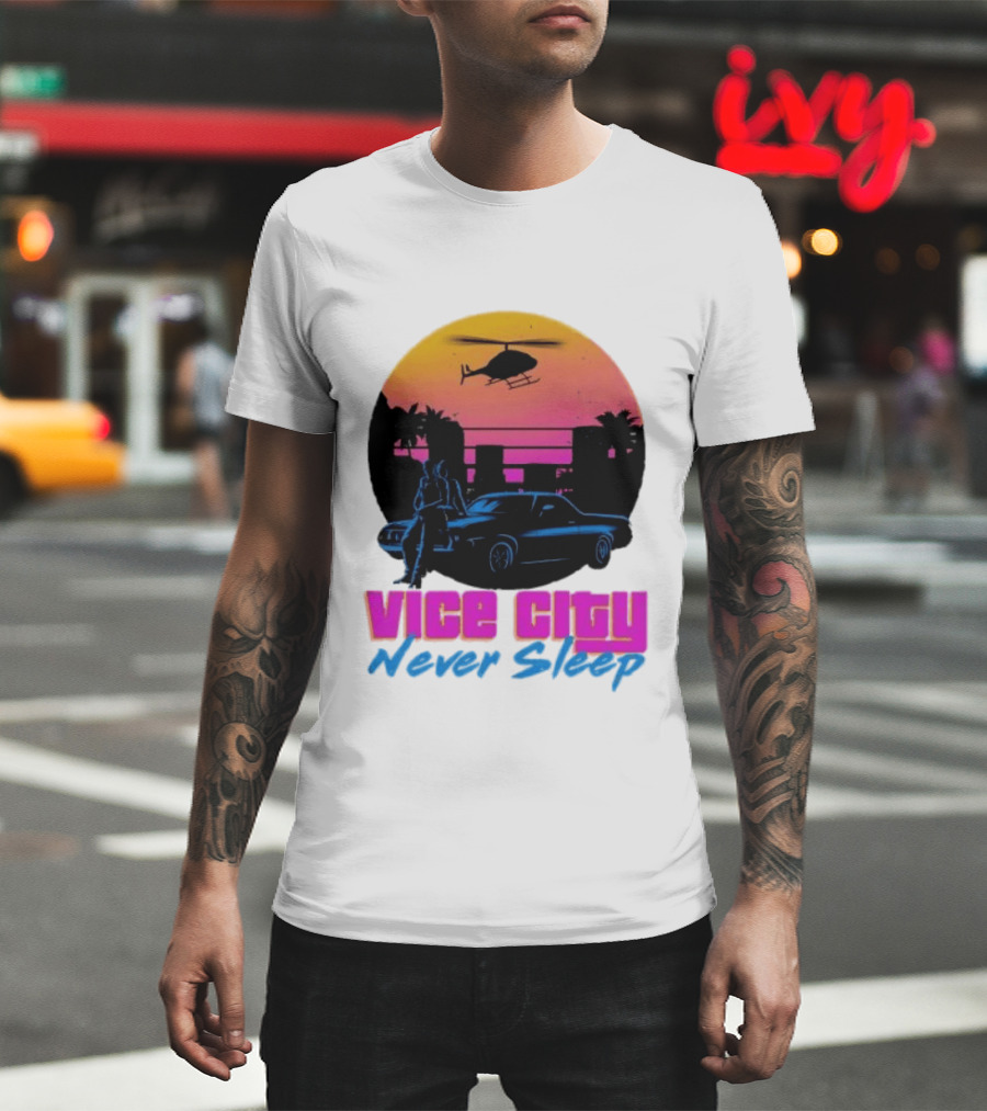 Vice City Never Sleep 80s Sunset Car Helicopter T-Shirt