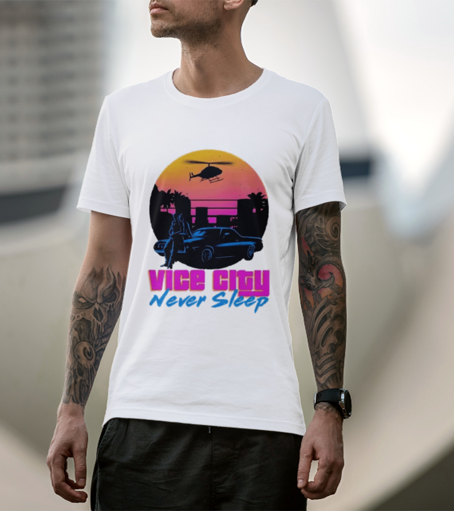 Vice City Never Sleep 80s Sunset Car Helicopter T-Shirt
