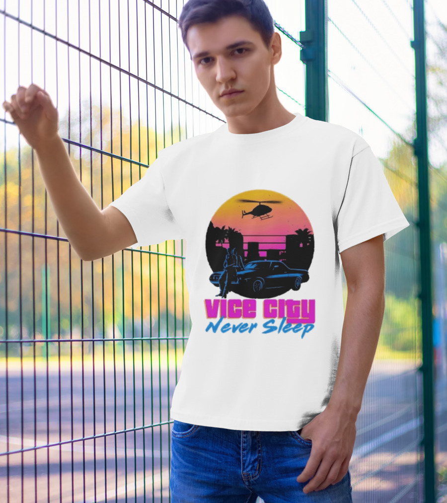 Vice City Never Sleep 80s Sunset Car Helicopter T-Shirt