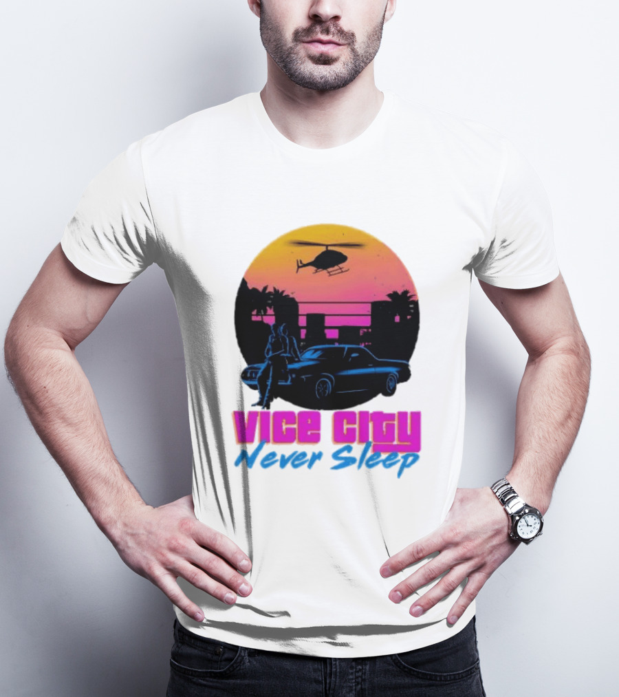 Vice City Never Sleep 80s Sunset Car Helicopter T-Shirt