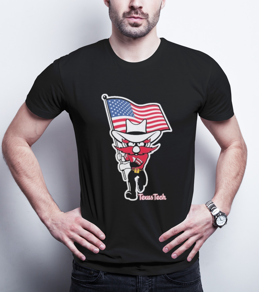 Texas Tech Red Raider Holding American Flag Sticker T-Shirt