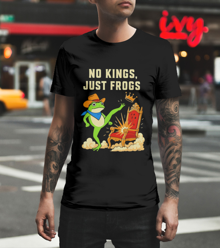 No Kings Just Frogs Portland Cowboy Frog Kicking Crown From Throne T-Shirt