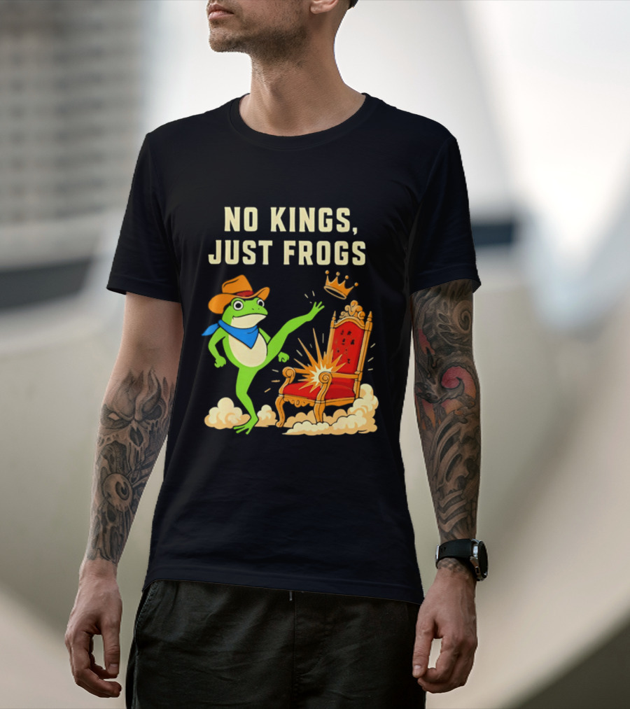 No Kings Just Frogs Portland Cowboy Frog Kicking Crown From Throne T-Shirt
