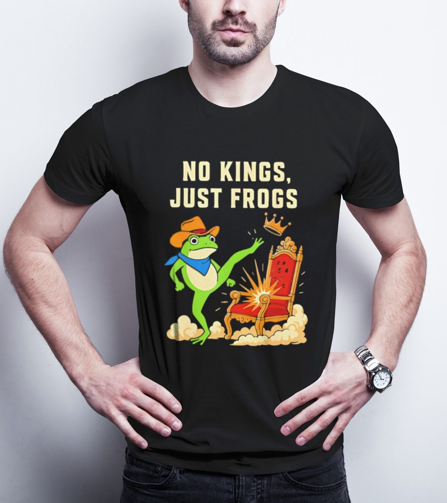 No Kings Just Frogs Portland Cowboy Frog Kicking Crown From Throne T-Shirt