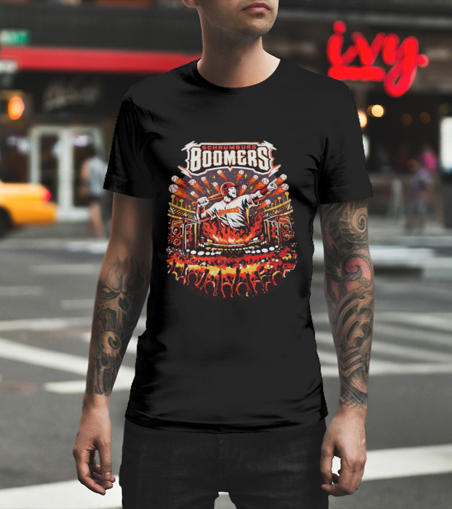 Schaumburg Boomers Flaming Baseball Batter Stadium Fireworks T-Shirt