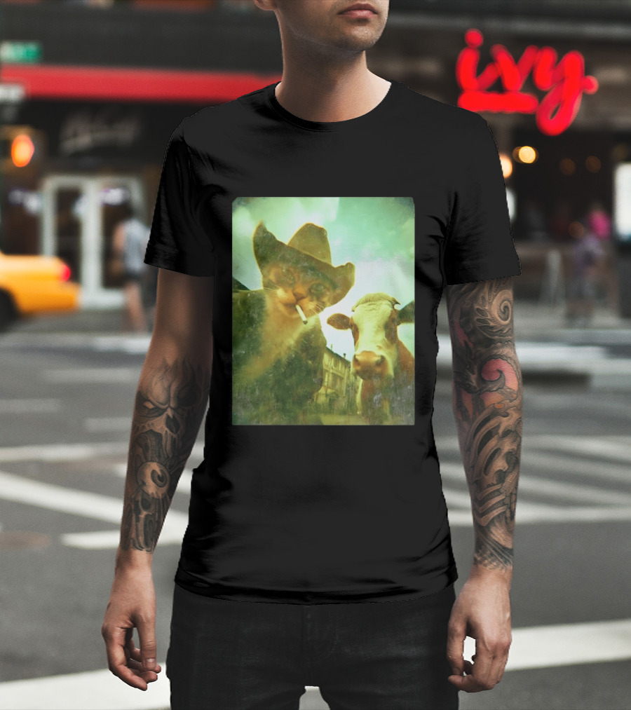 Cowboy Cat Smoking With Cow T-Shirt