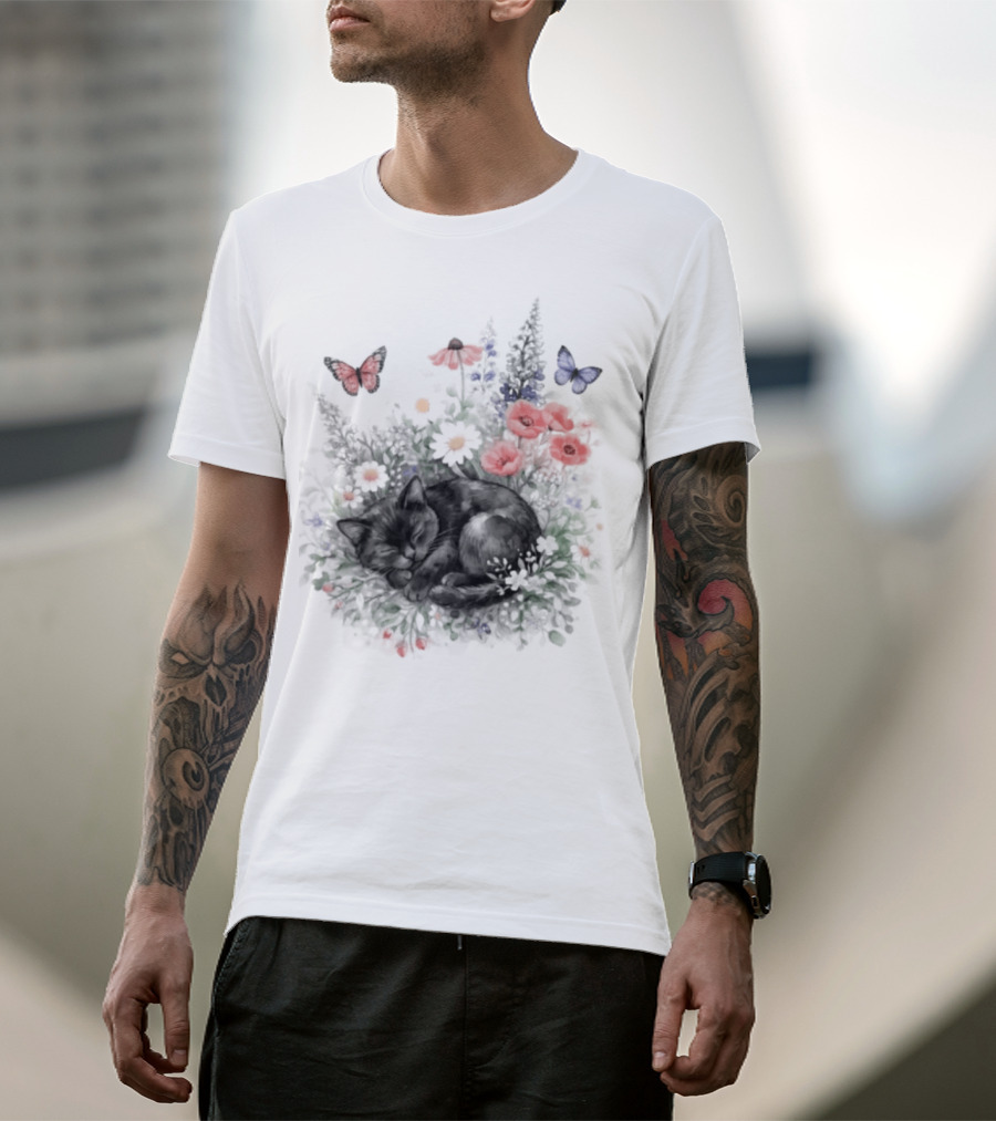 Black Cat Surrounded By Vibrant Flowers And Butterflies T-Shirt