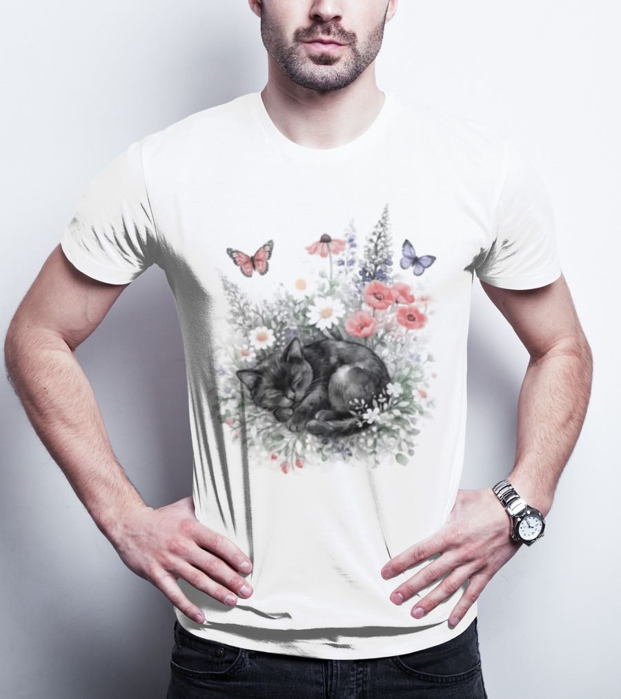Black Cat Surrounded By Vibrant Flowers And Butterflies T-Shirt