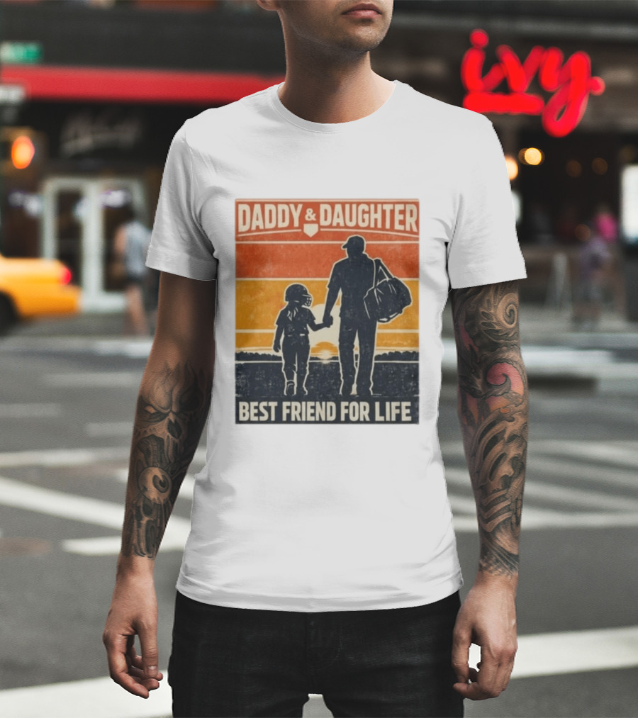 Daddy & Daughter Best Friend For Life Baseball Softball Silhouette Retro Sunset T-Shirt