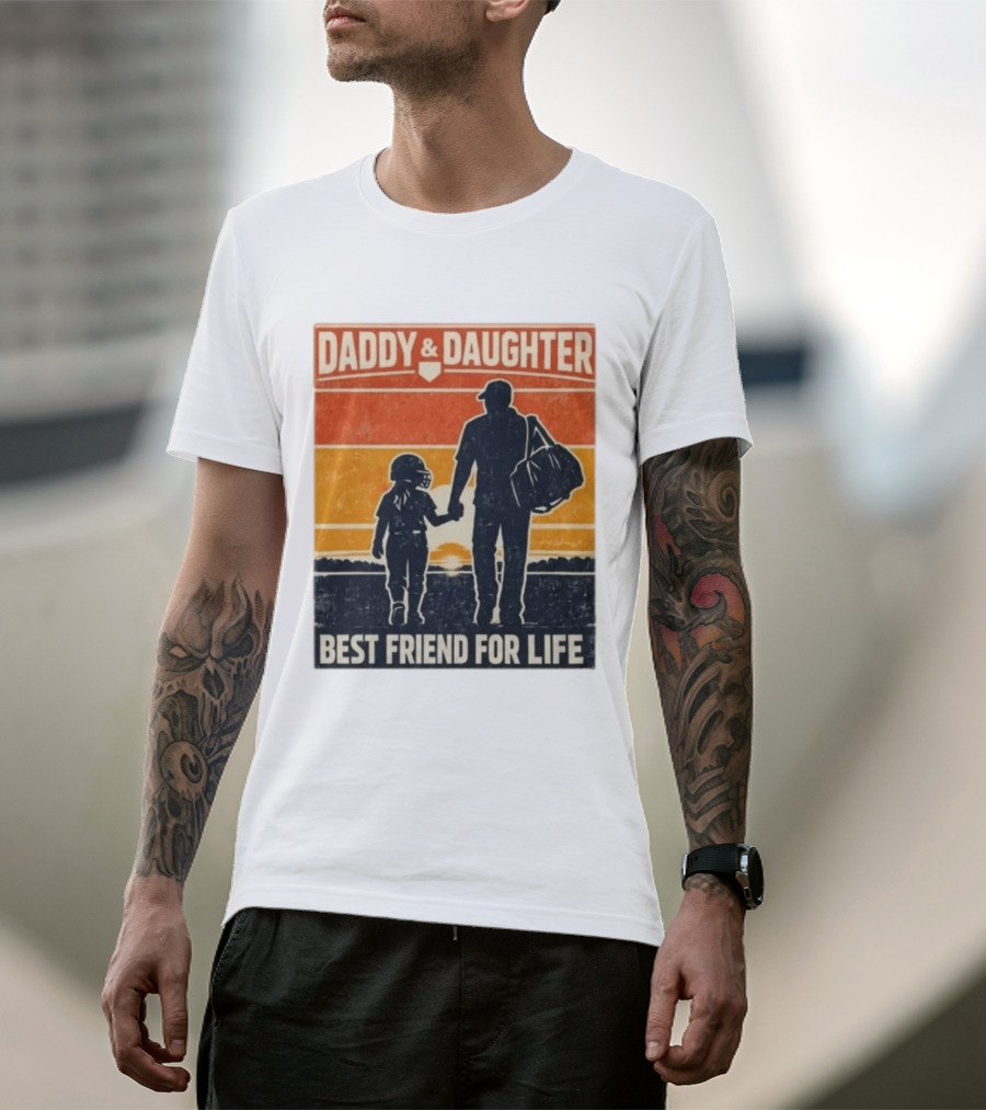 Daddy & Daughter Best Friend For Life Baseball Softball Silhouette Retro Sunset T-Shirt