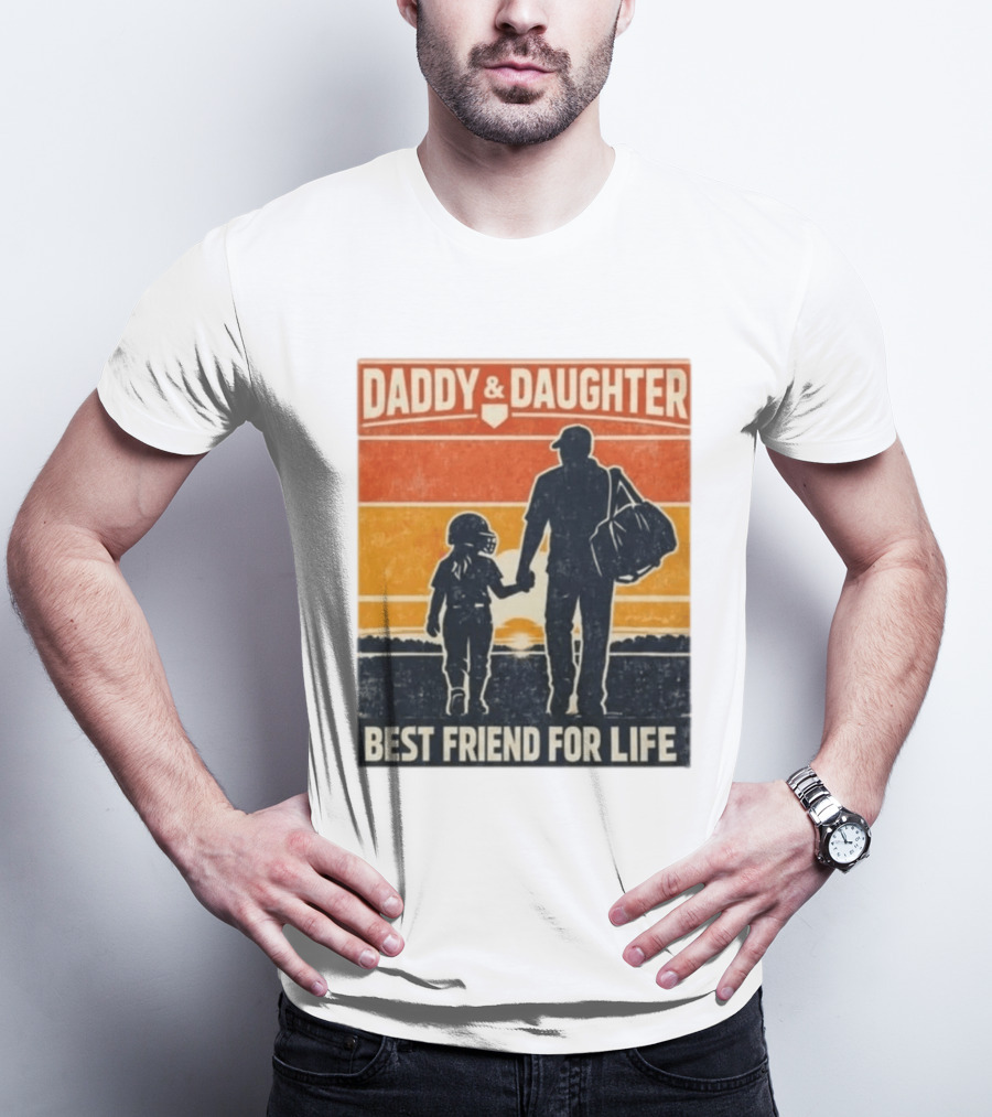 Daddy & Daughter Best Friend For Life Baseball Softball Silhouette Retro Sunset T-Shirt