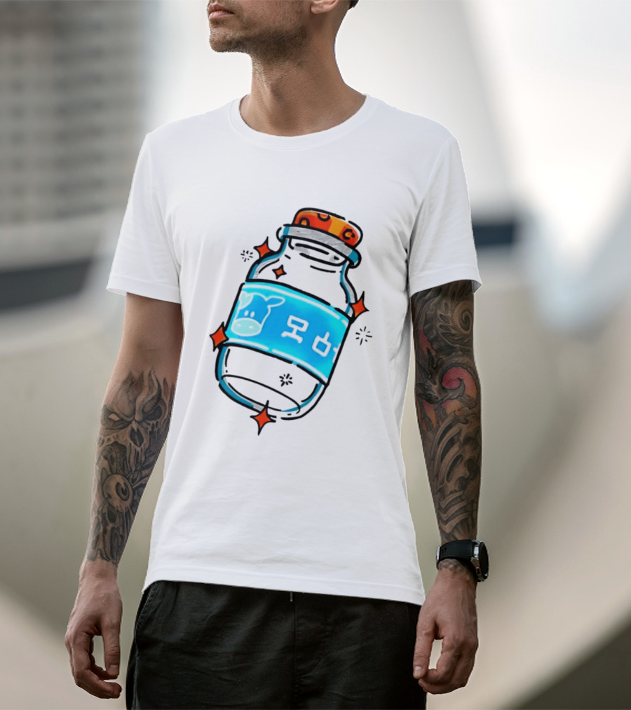 Fresh Milk Bottle With Blue Cow Label And Orange Cap T-Shirt