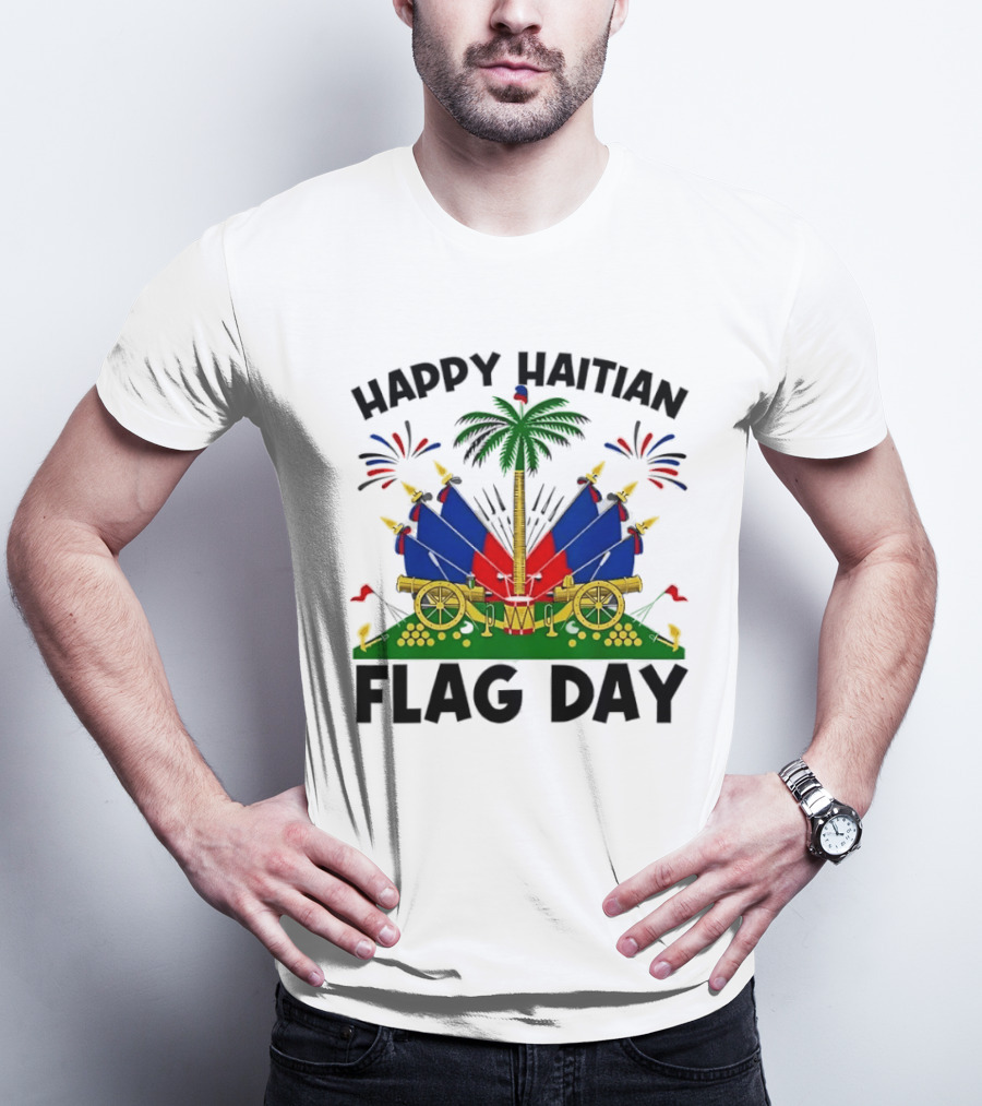 Happy Haitian Flag Day Coat Of Arms Palm Tree Cannons Fireworks Celebration T-Shirt