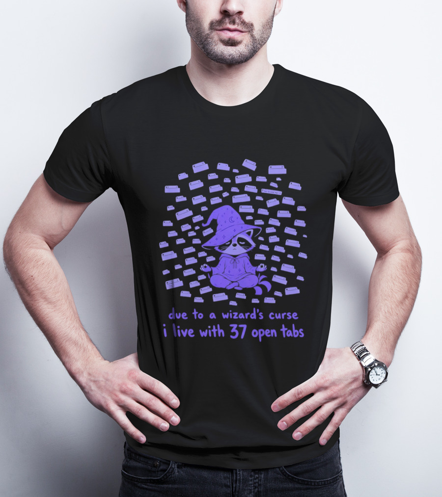 Due To A Wizard's Curse I Live With 37 Open Tabs Raccoon Meditation Magic Hat T-Shirt