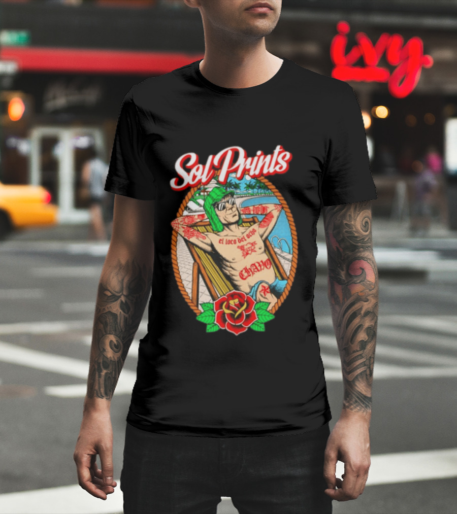 Sol Prints El Loco Del Ocho Chavo Relaxing By The Pool With Tattoos T-Shirt