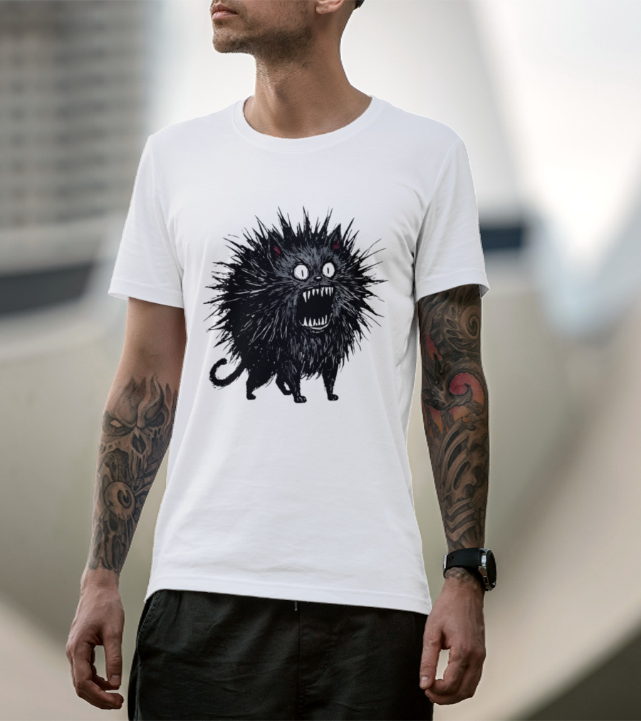 Angry Spiky Black Cat Meme Wild Expression T-Shirt