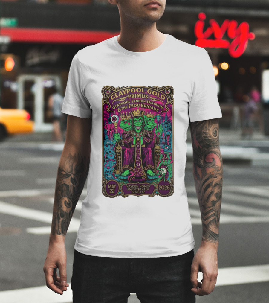 Claypool Gold Primus Claypool Lennon Delirium And The Frog Brigade Hayden Homes Amphitheater Bend Oregon May 22 2026 Gig T-Shirt